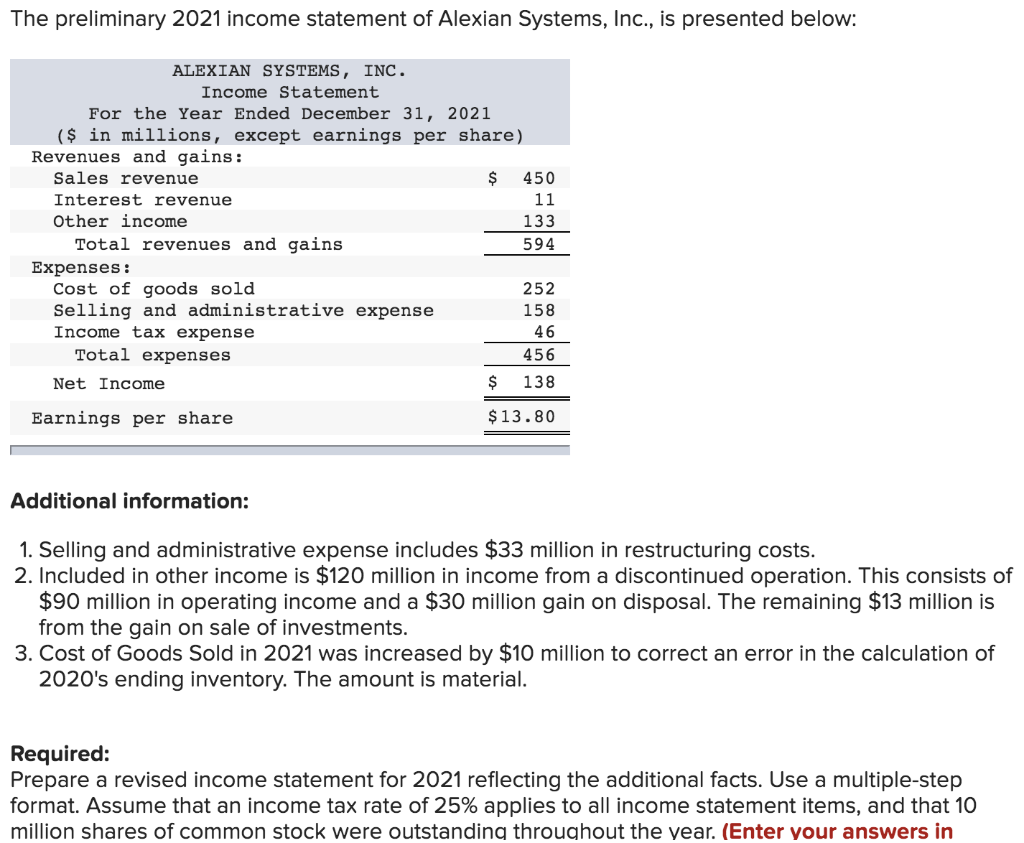 Solved The preliminary 2021 income statement of Alexian | Chegg.com