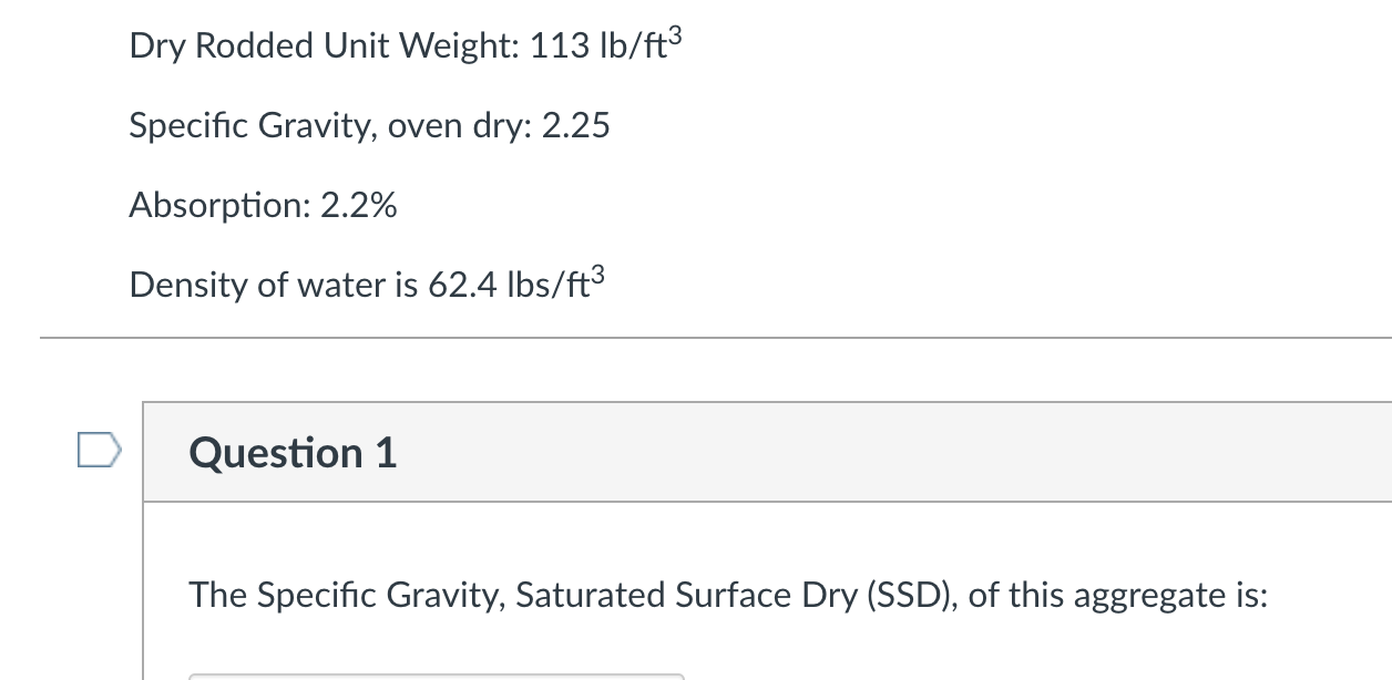 Solved Dry Rodded Unit Weight: 113 lb/ft3 Specific Gravity, | Chegg.com