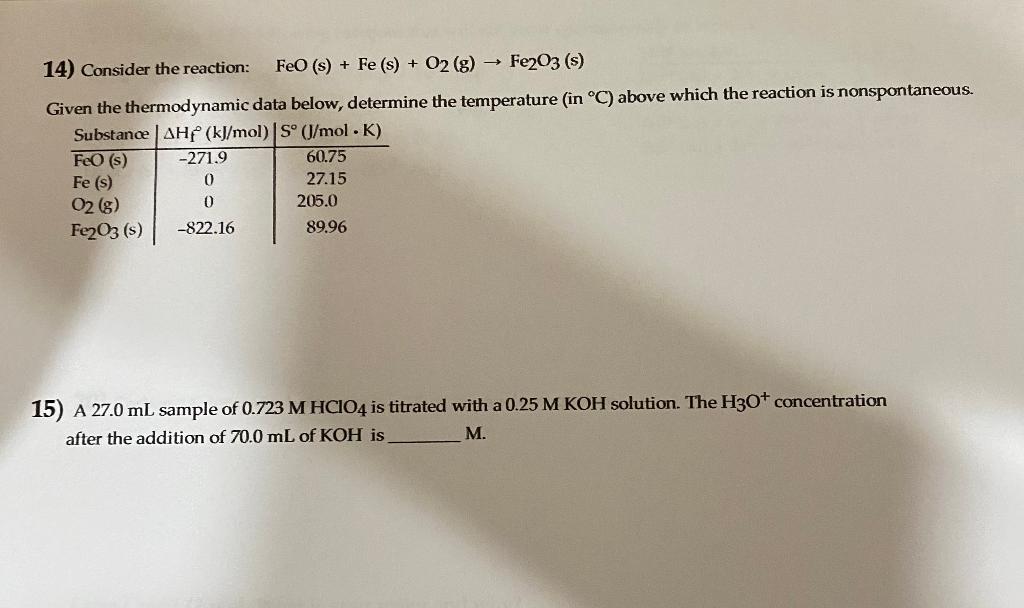 Solved 14) Consider the reaction: FeO (s) + Fe (s) + O2(g) → | Chegg.com