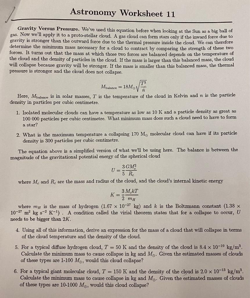 Solved Astronomy Worksheet 11 Gravity Versus Pressure. We've | Chegg.com