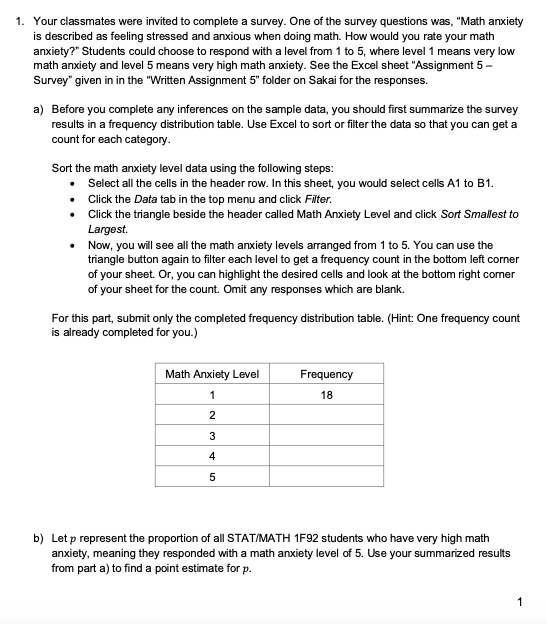 Solved 1. Your classmates were invited to complete a survey. | Chegg.com