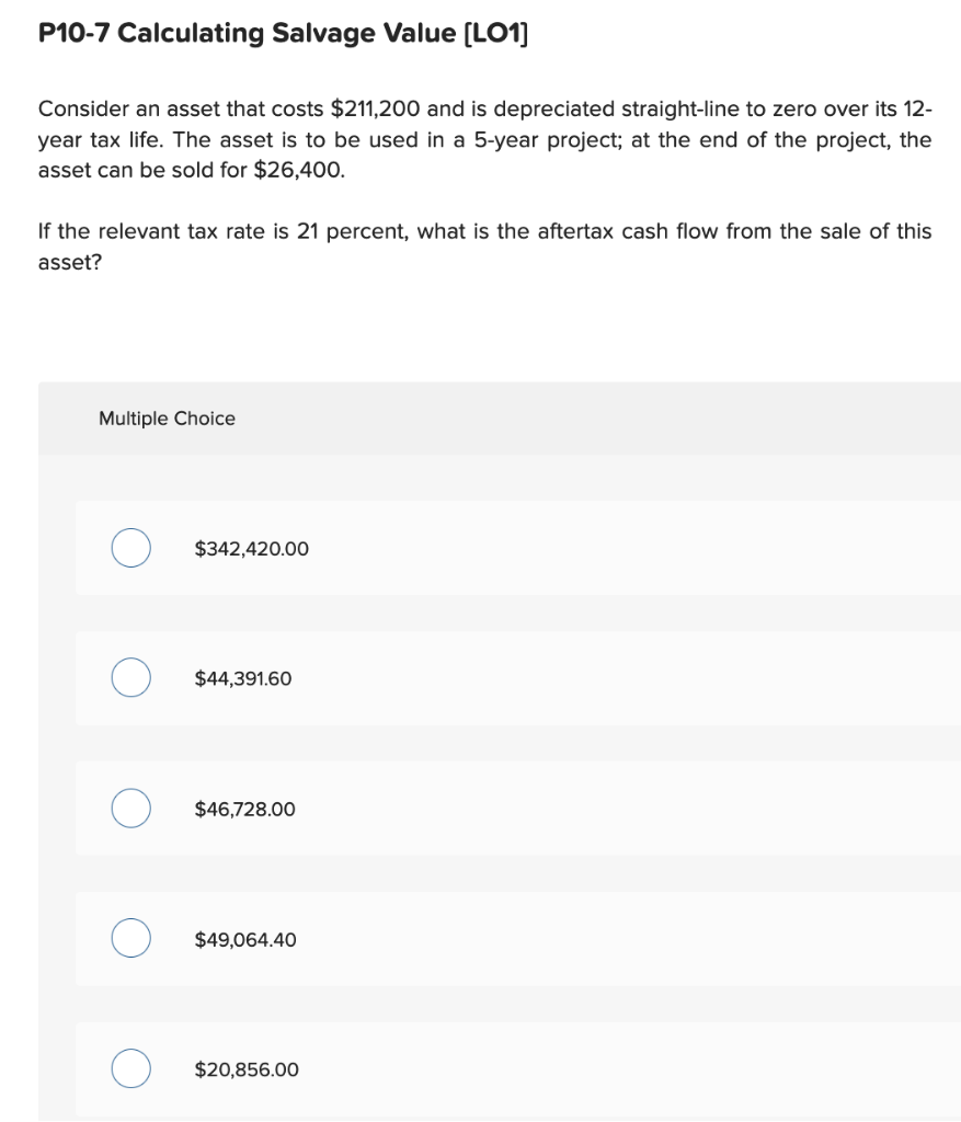 Solved P10-7 Calculating Salvage Value (LO1] Consider an | Chegg.com