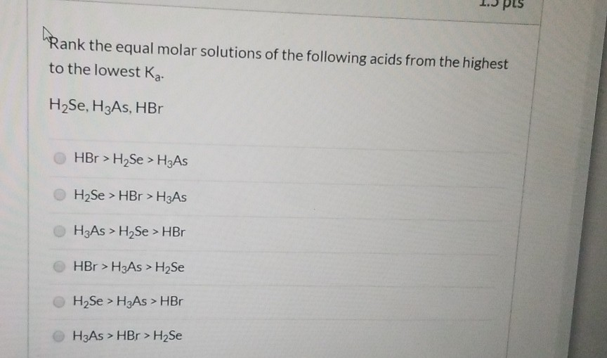 Solved Rank the equal molar solutions of the following acids | Chegg.com