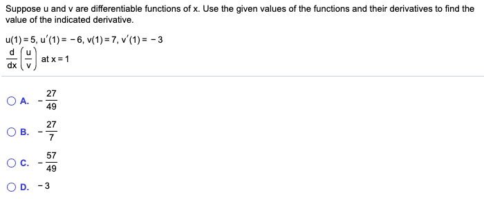 Solved Suppose u and v are differentiable functions of x. | Chegg.com