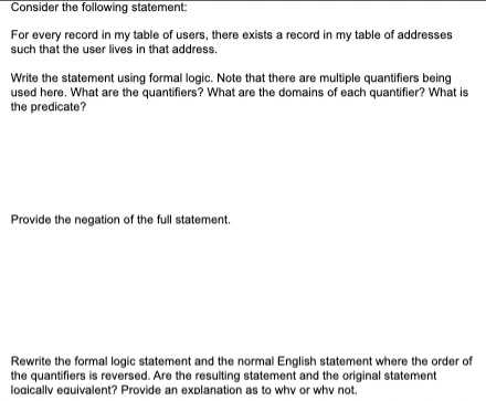 Consider the following statement: For every record in | Chegg.com