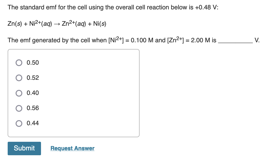 Solved The standard emf for the cell using the overall cell | Chegg.com