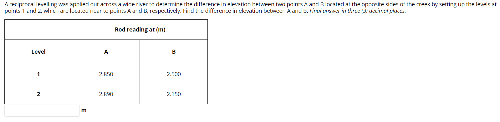 Solved A reciprocal levelling was applied out across a wide | Chegg.com