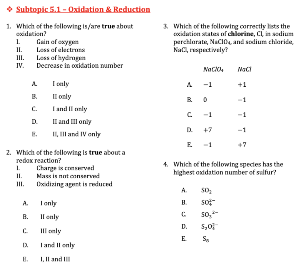 Solved Subtopic 5.1 - Oxidation & Reduction 1. Which of the | Chegg.com