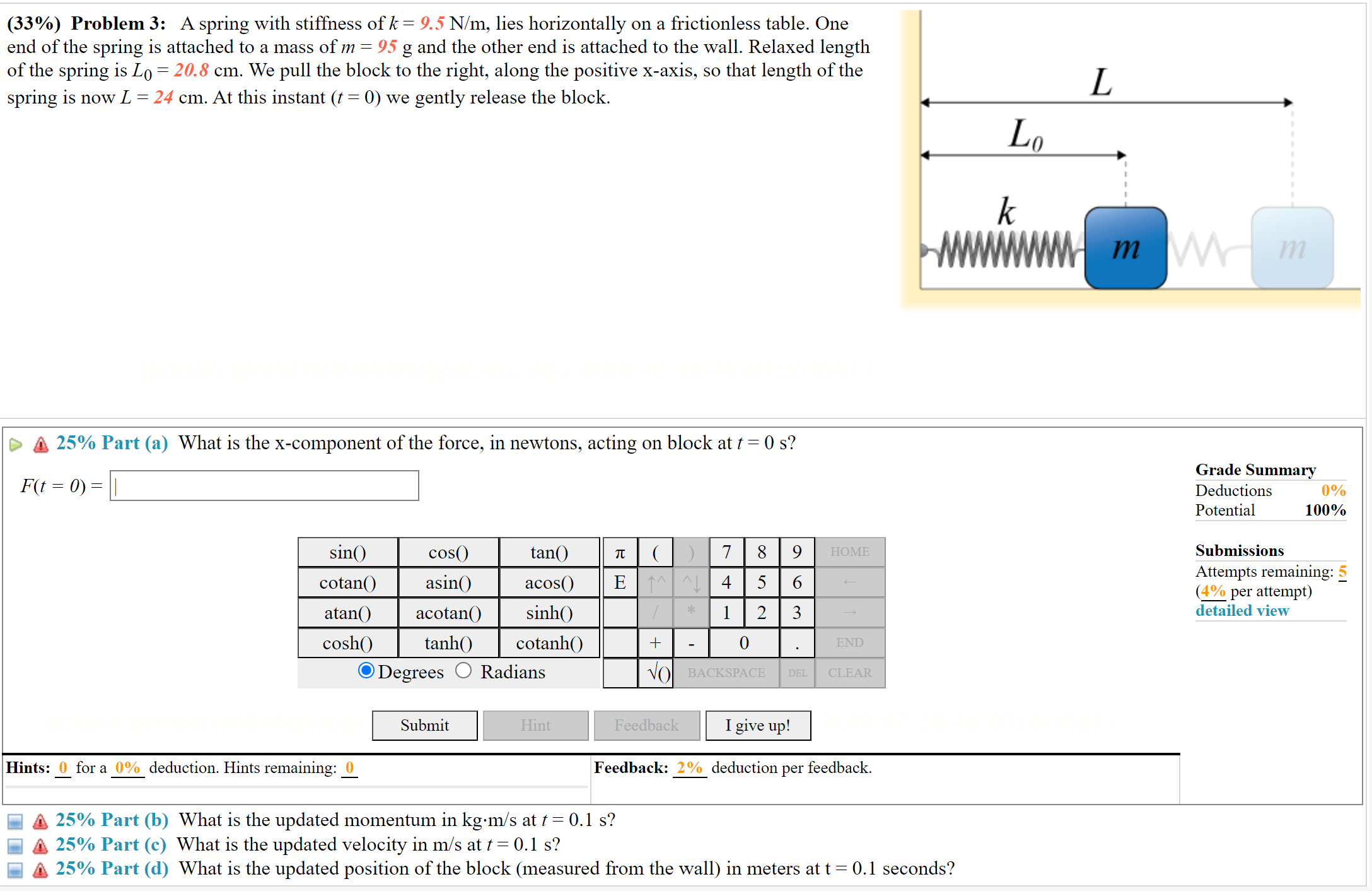 Solved (33\%) Problem 3: A spring with stiffness of k=9.5 | Chegg.com