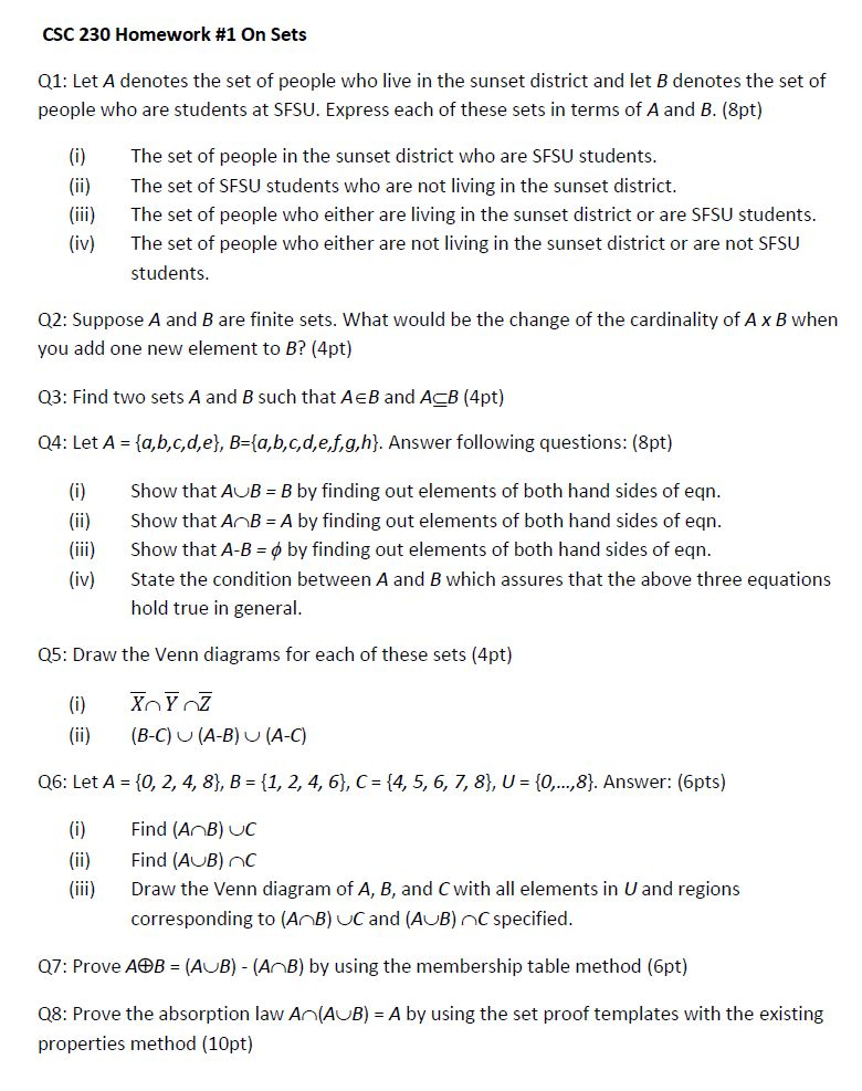 Solved CSC 230 Homework #1 On Sets Q1: Let A denotes the set | Chegg.com