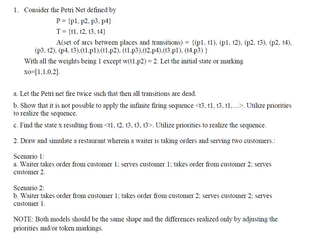 Consider the Petri Net defined by 1. P = {pl, p2, p3, | Chegg.com