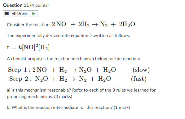 Solved Consider the reaction: 2NO+2H2→N2+2H2O The | Chegg.com
