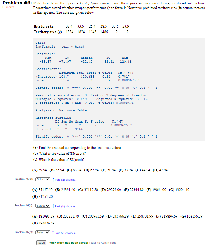 Solved Problem #6: Male lizards in the species Crotaphytus | Chegg.com
