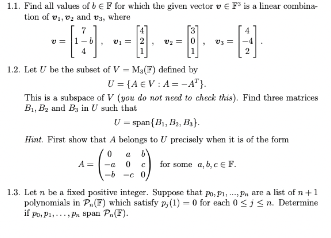 Solved 1.1. Find all values of b∈F for which the given | Chegg.com