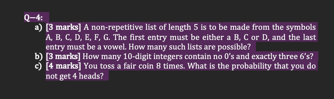Solved a) [3 marks] A non-repetitive list of length 5 is to | Chegg.com