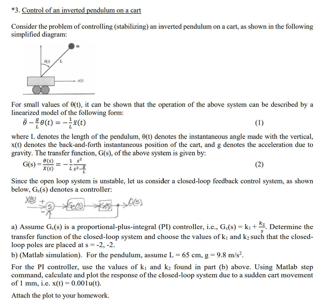 Solved *3. Control of an inverted pendulum on a cart | Chegg.com