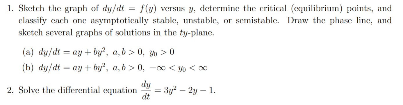 Solved 1. Sketch the graph of dy/dt = f(y) versus y, | Chegg.com