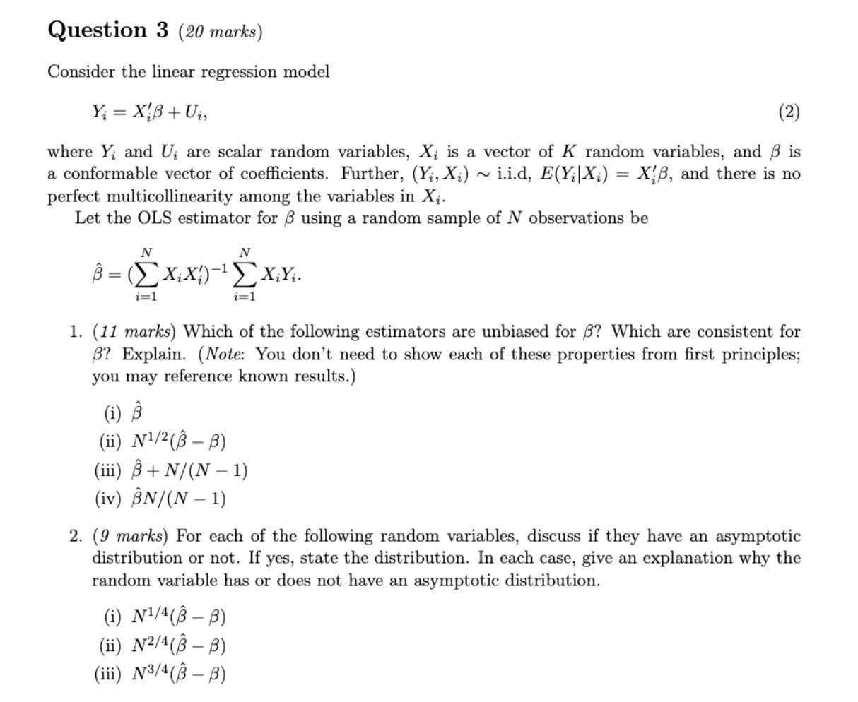 Consider the linear regression model Yi=Xi′β+Ui, | Chegg.com