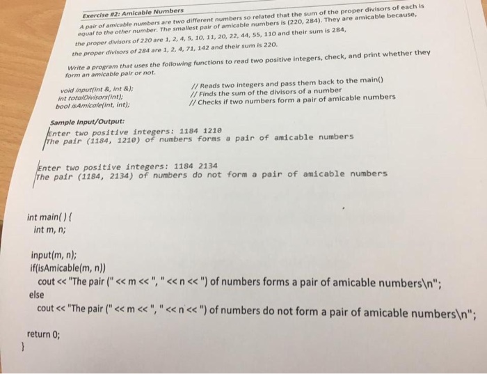 Solved Exercise 82: Amicable Numbers A pair of amicable | Chegg.com