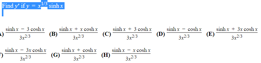 Solved 1/3 Find y' if y sinhx sinh x – 3 cosh x sinh x + x | Chegg.com