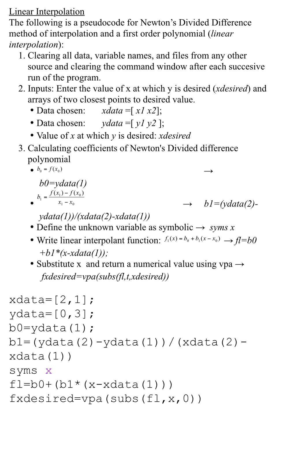 Solved Linear Interpolation The following is a pseudocode | Chegg.com