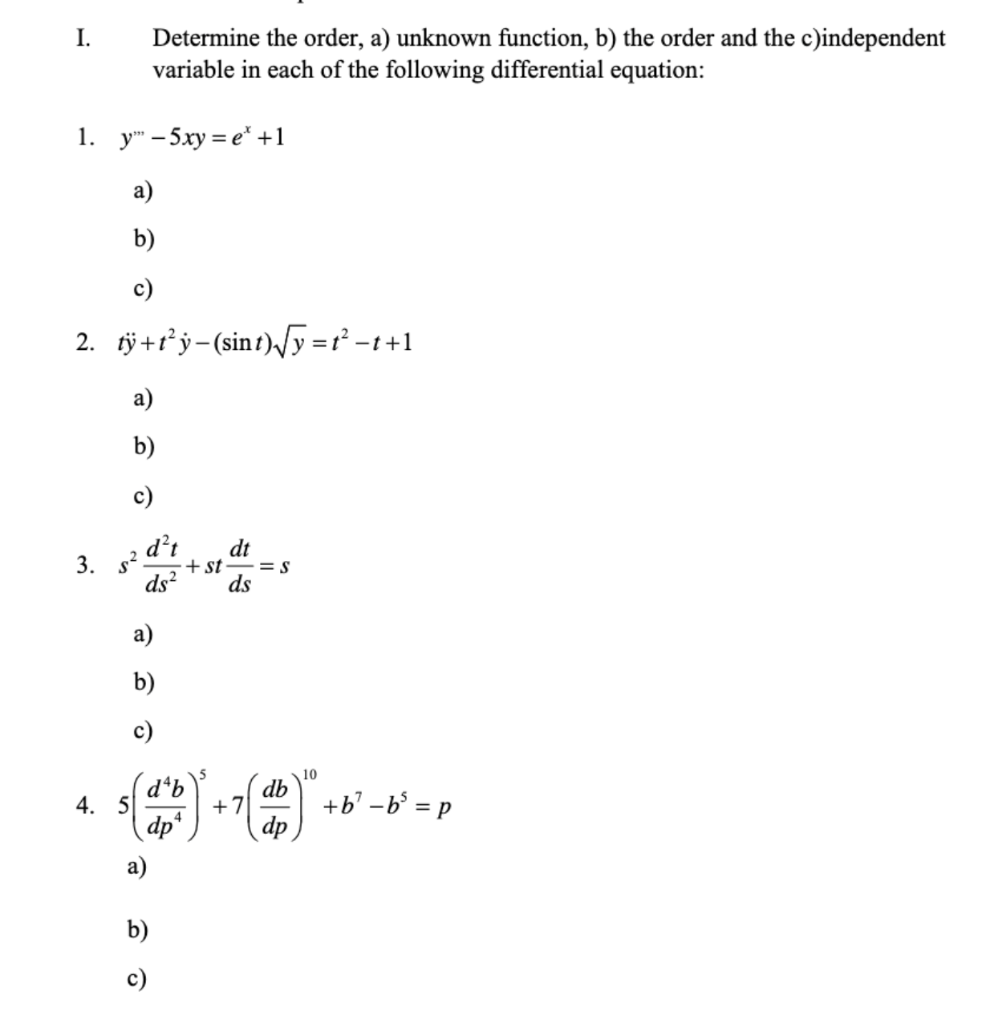 Solved I. Determine the order, a) unknown function, b) the | Chegg.com