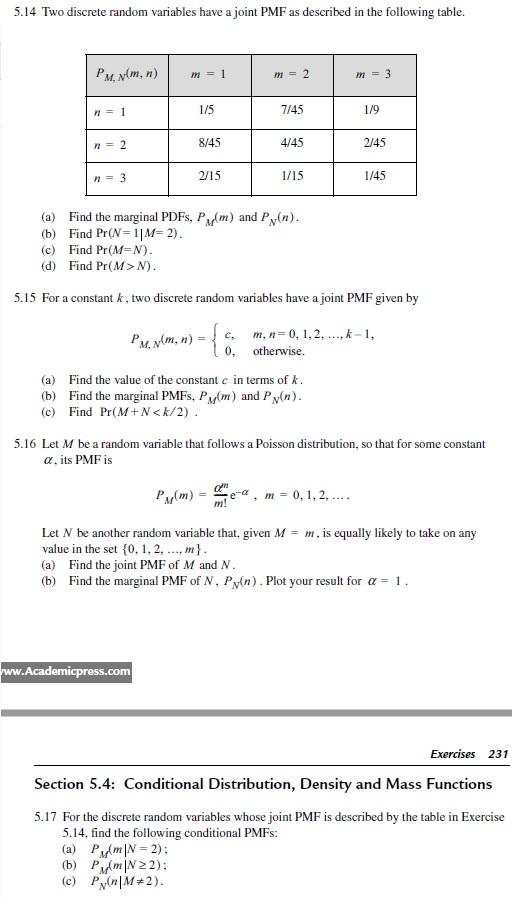 Solved 5.14 Two discrete random variables have a joint PMF | Chegg.com