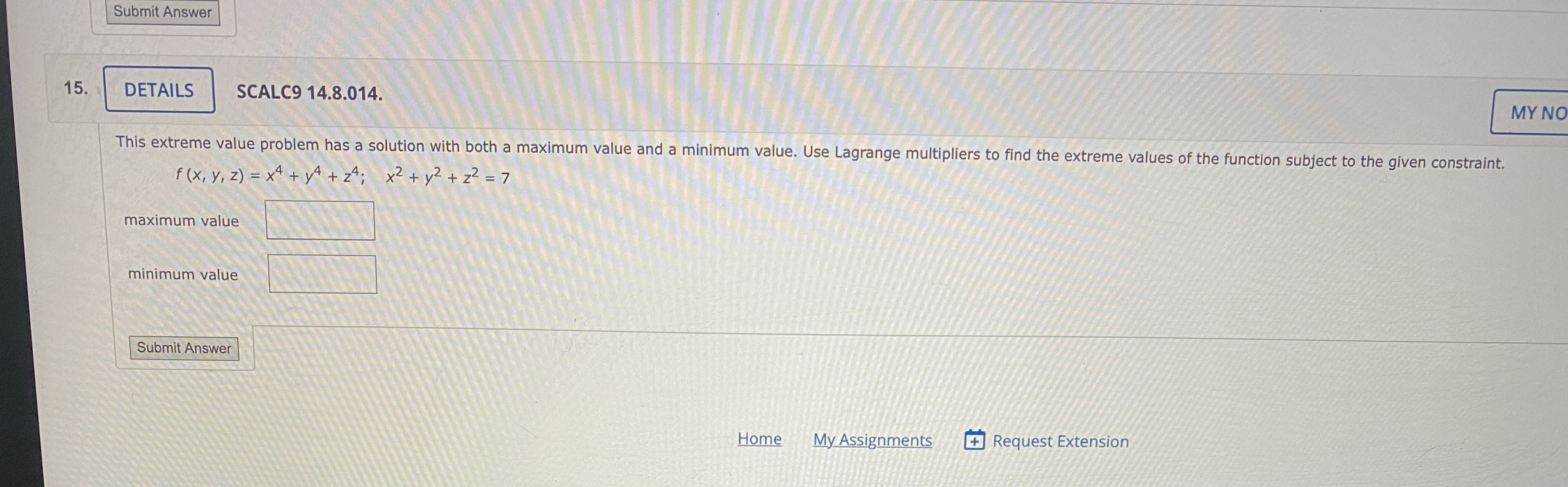 Solved This extreme value problem has a solution with both a | Chegg.com