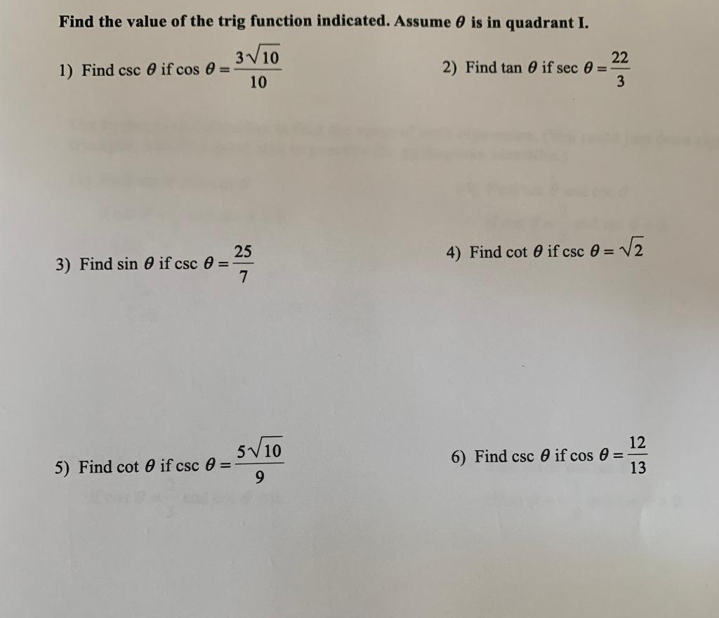 Solved Find the value of the trig function indicated. Assume | Chegg.com