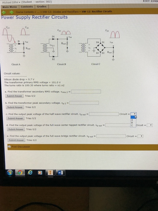 Solved Ein Circuit values: Forward biased silicon diode drop | Chegg.com