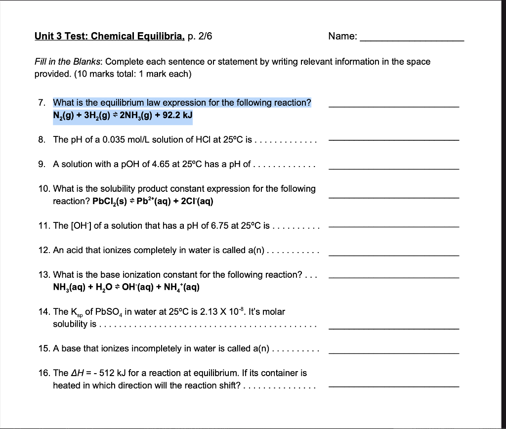 Solved Unit 3 Test: Chemical Equilibria, p. 2/6 Name: Fill | Chegg.com