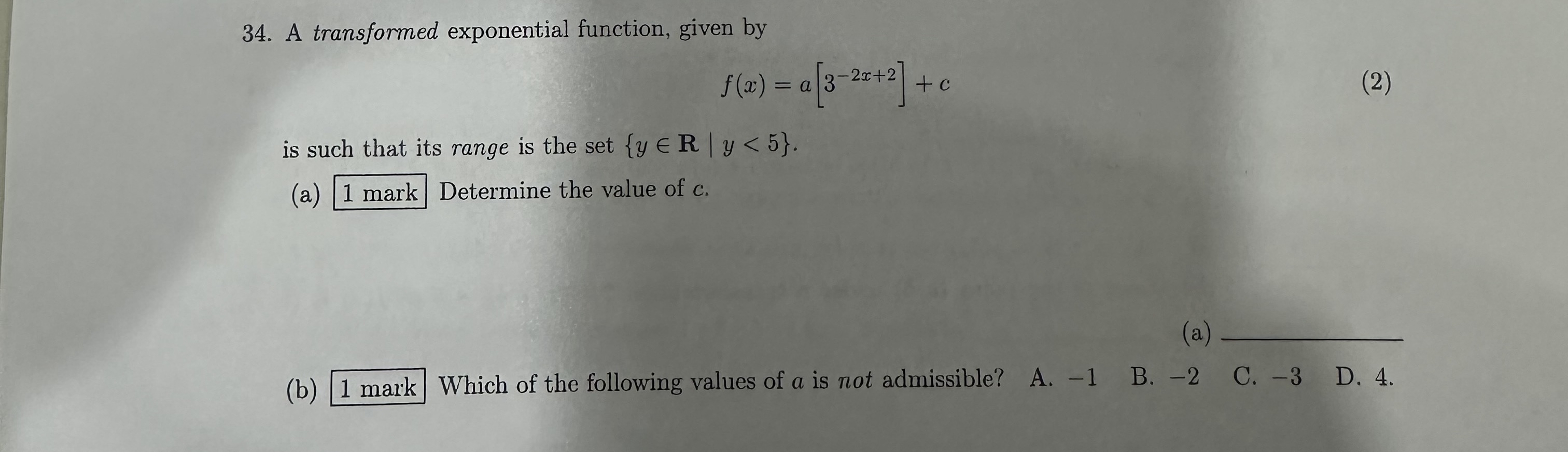 Solved A transformed exponential function, given | Chegg.com