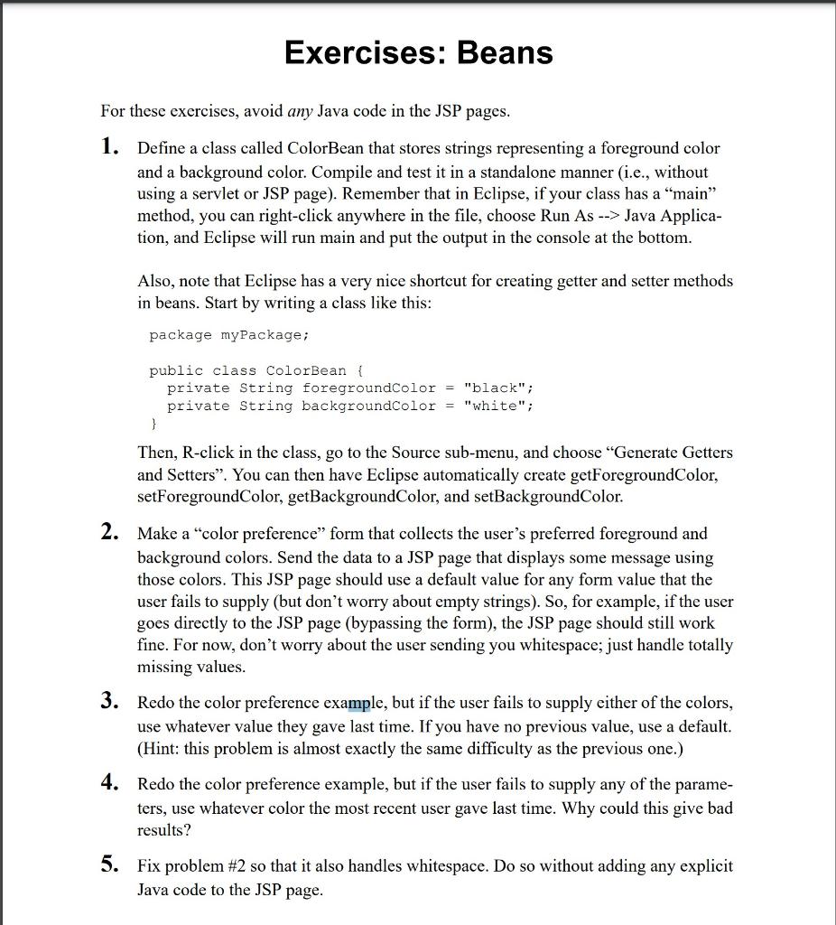 Solved Exercises: Beans For these exercises, avoid any Java | Chegg.com