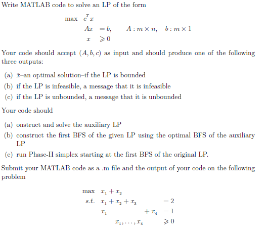 Write MATLAB code to solve an LP of the form | Chegg.com