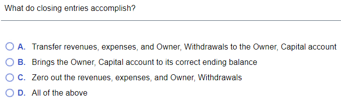 Solved What Do Closing Entries Accomplish O A Transfer Chegg