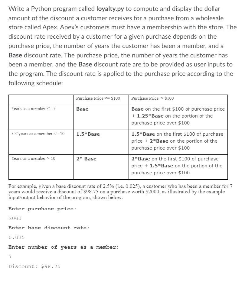 Solved Write a Python program called loyalty.py to compute | Chegg.com