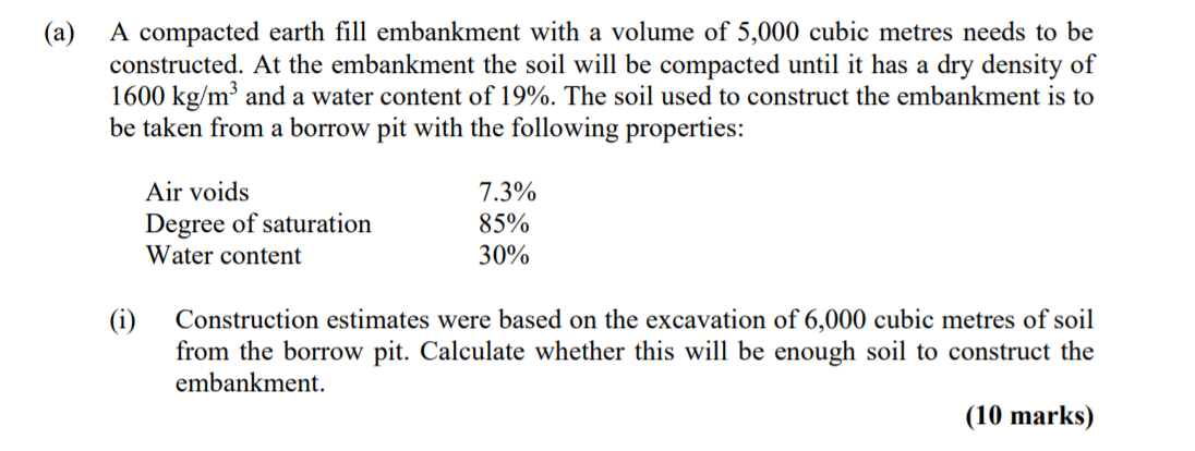 Solved A compacted earth fill embankment with a volume of | Chegg.com