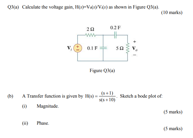 Solved Q3(a) Calculate the voltage gain, H(s)=Vo(s)/Vi(s) as | Chegg.com