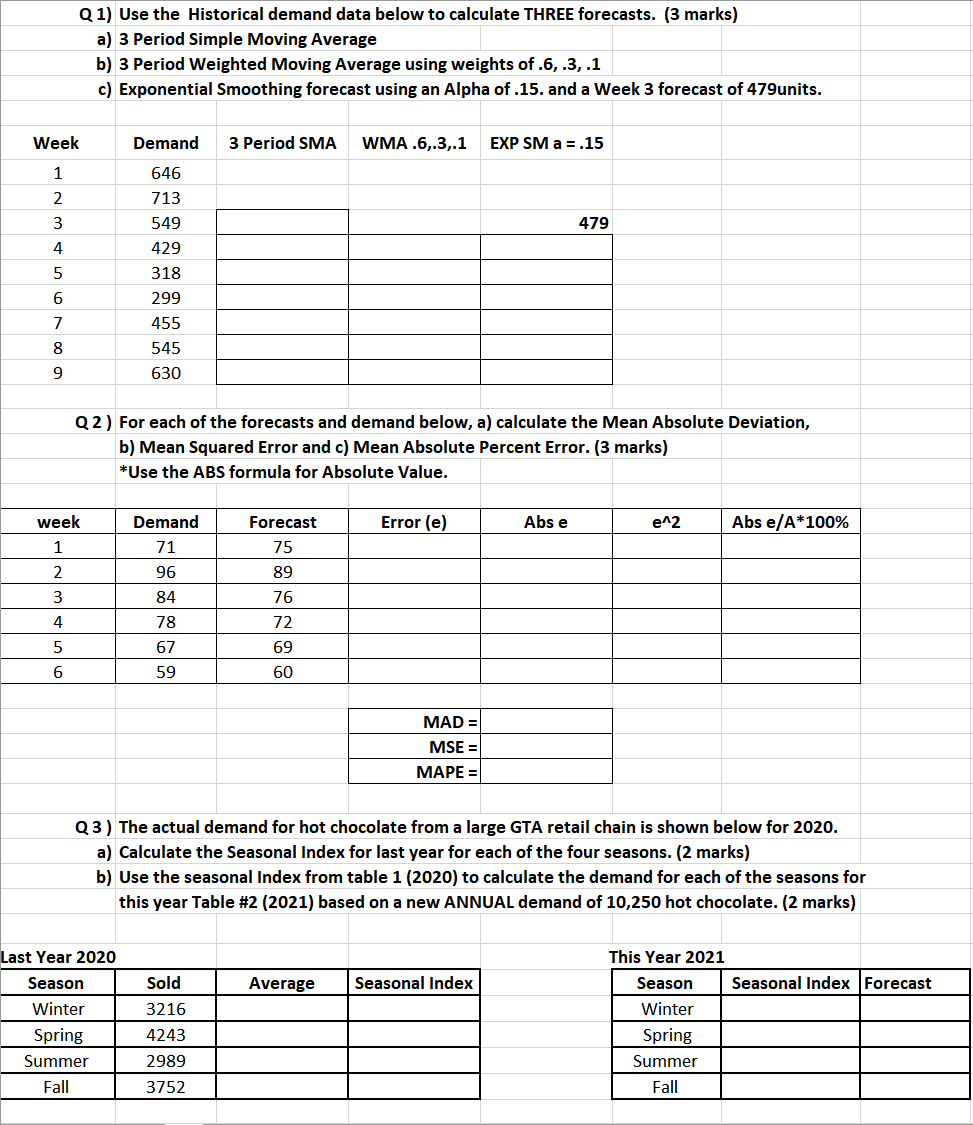 Solved Q 1) Use the Historical demand data below to | Chegg.com