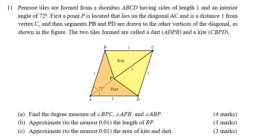 Solved 1) Penrose tiles are formed from a rhombus ABCD | Chegg.com