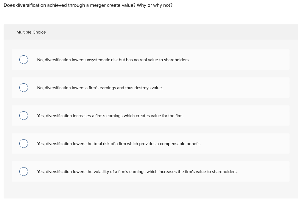 Solved Does diversification achieved through a merger create | Chegg.com