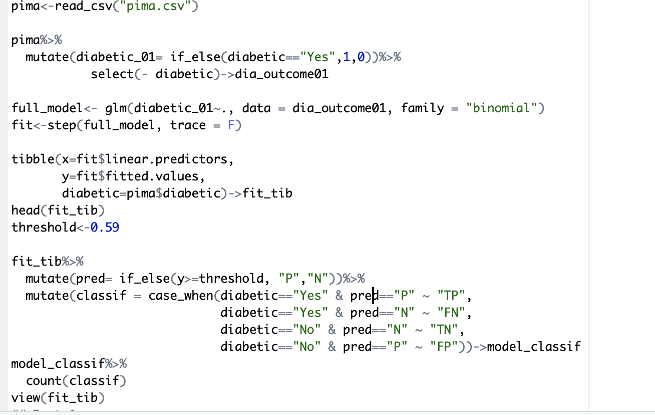 pima % mutate(diabetic_01= | Chegg.com