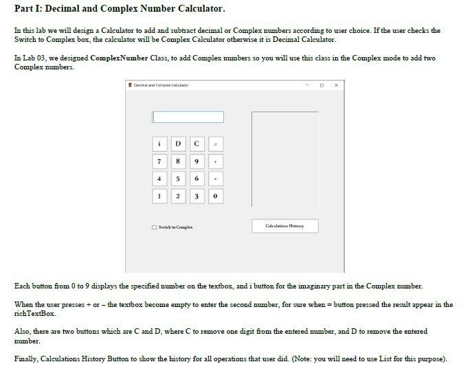 Solved Part I: Decimal and Complex Number Calculator. In | Chegg.com