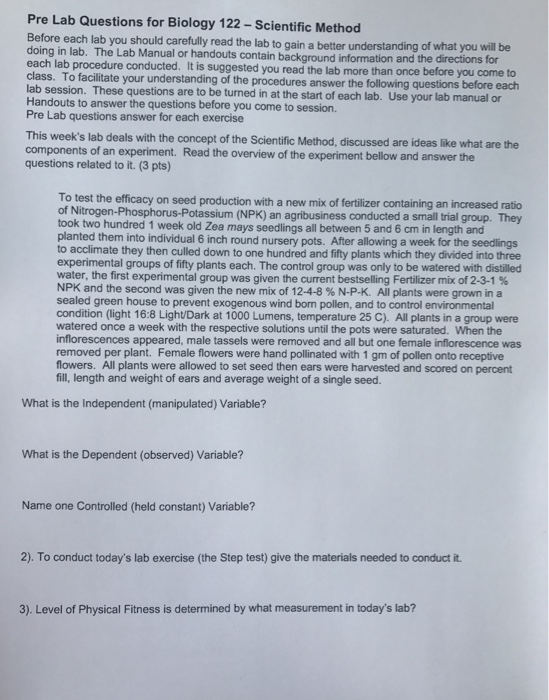 Solved Pre Lab Questions for Biology 122-Scientific Method | Chegg.com