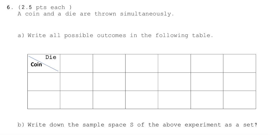 6. (2.5 pts each ) A coin and a die are thrown | Chegg.com