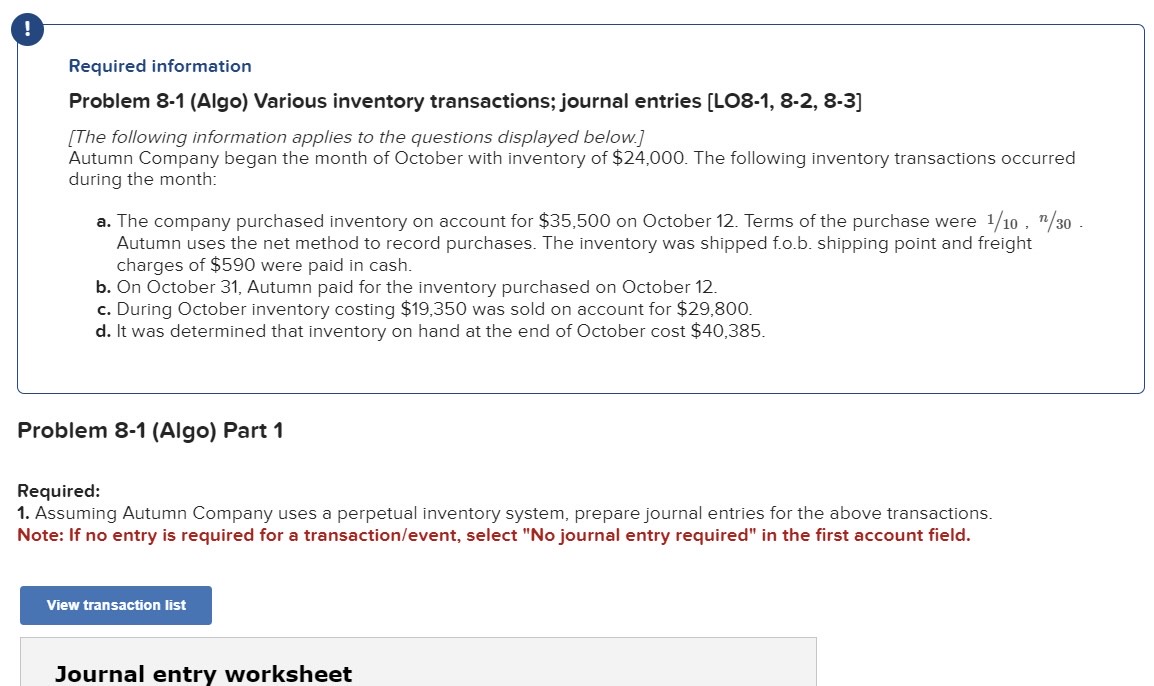 Solved Required information Problem 8-1 (Algo) Various | Chegg.com