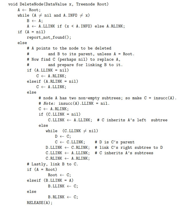 Solved Below, an algorithm for deletion from a binary search | Chegg.com