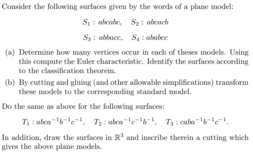 Consider the following surfaces given by the words of | Chegg.com