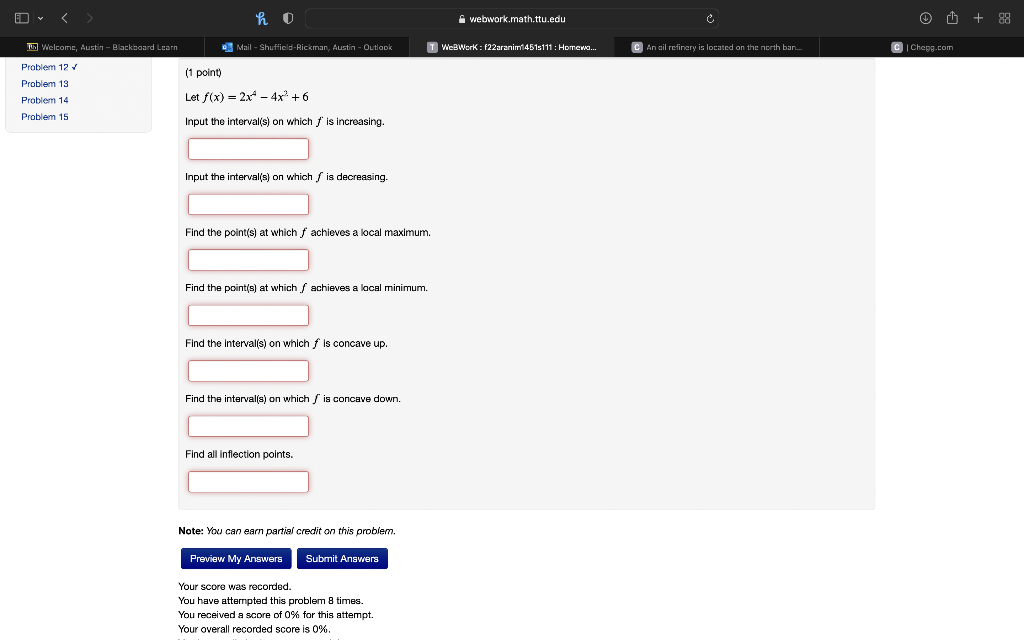 Solved (1 point) Let f(x)=2x4−4x2+6 Input the interval(s) on | Chegg.com