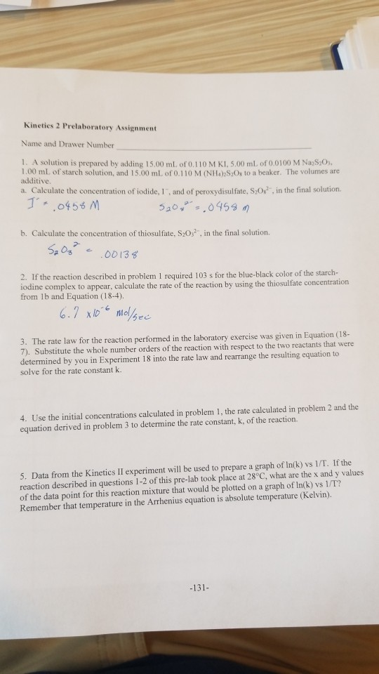 Solved Kinetics 2 Prelaboratory Assignment Name and Drawer | Chegg.com